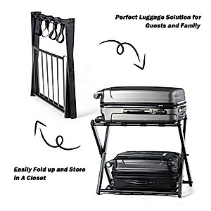 GOFLAME Folding Luggage Rack Metal Suitcase Luggage Stand for Home Bedroom Hotel with Shelf, Black