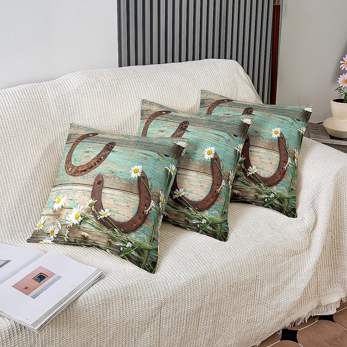 Castle Fairy Horseshoe Reversible Print Pillow Cover 18"x18" for Bed or Sofa,Rustic Vintage Wooden Board Pack of 2 Cushion Cover,White Daisy Flower Single Pack Couch Pillow Cover