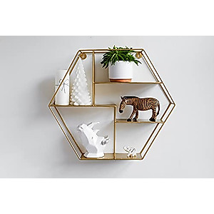 Gold Hexagon Wall Shelves, Extra Large Decorative Floating Shelf for Bathroom, Kitchen & Bedroom Wall Decor Shelfie, Glam Brass Geometric Wall Art, Metal Sconce Shelf, Boho Honeycomb Accent Display