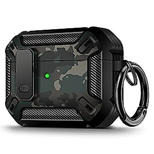 Youskin Airpod Pro 2nd Generation Case Secure Lock Clip Case,Carbon Fiber Military Armor Series Full-Body Rugged Hard Shell Airpod Pro 2 Case for Men Women with Keychain,Green Camo