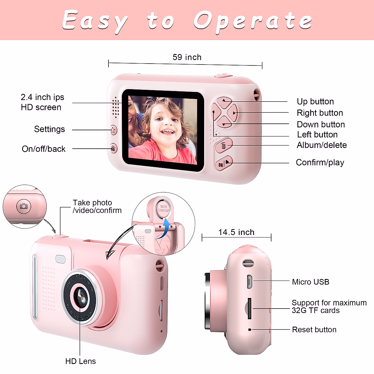 Makolle Kids Camera,Kids Camera for Girls,Kids Digital Camera Kids Video Camera for vlogging with 32GB SD Card,Toddler Toys Christmas Birthday Gifts for Girls Age 3-9, Pink