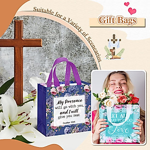 Riakrum 32 Pcs Bible Verse Flower Gift Bag with Handles Religious Reusable Gift Bags Bulk Christian Baptism Tote Bags Non Woven Gift Bags for Women Wedding Birthday Gift Wrapping Bags