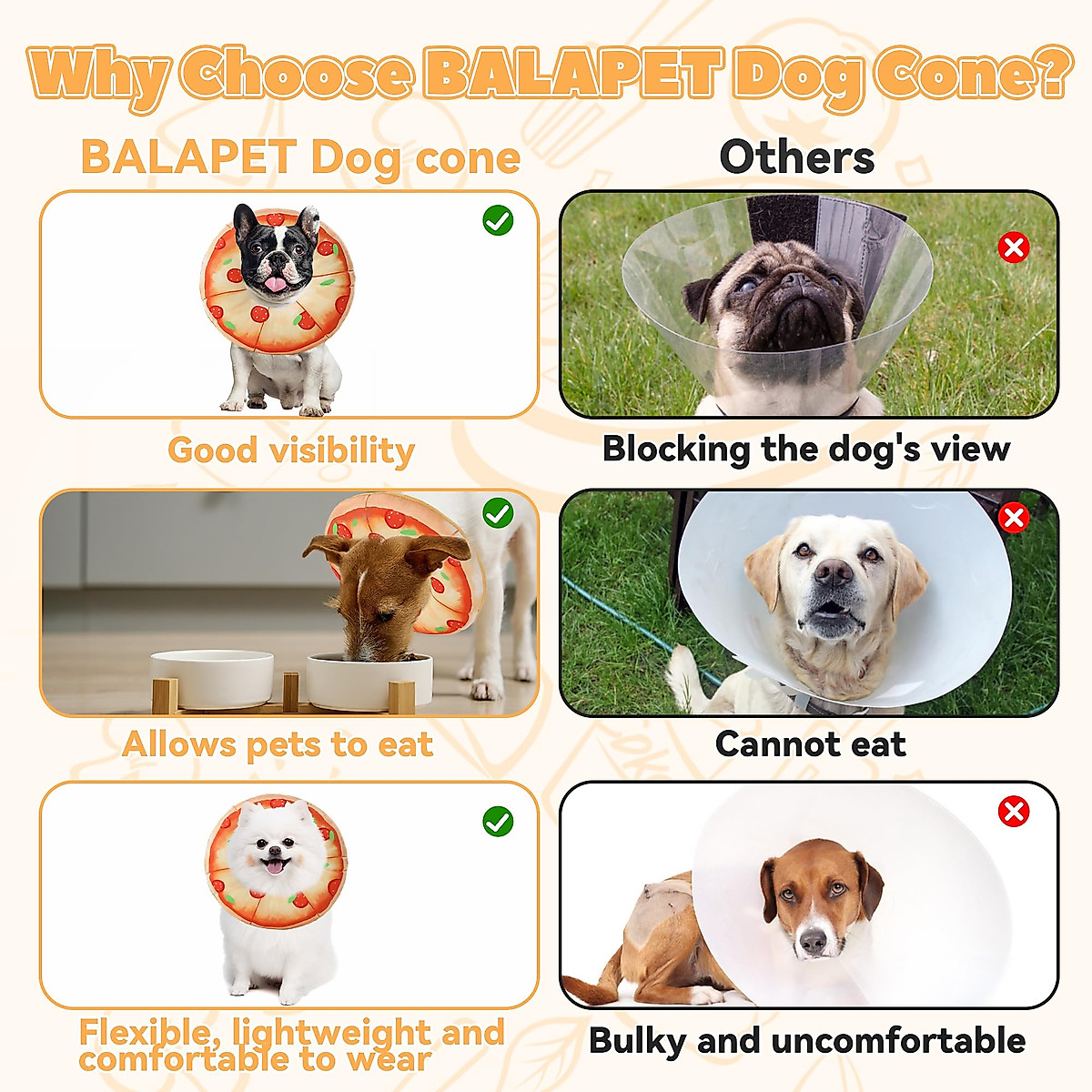 BALAPET Soft Dog Recovery Collar, Comfortable Lightweight Adjustable Pet Cone Collar for After Surgery, Cute Funny Pizza Shapes Elizabethan Collar for Small Dog Cat Prevent from Licking Wounds(M)