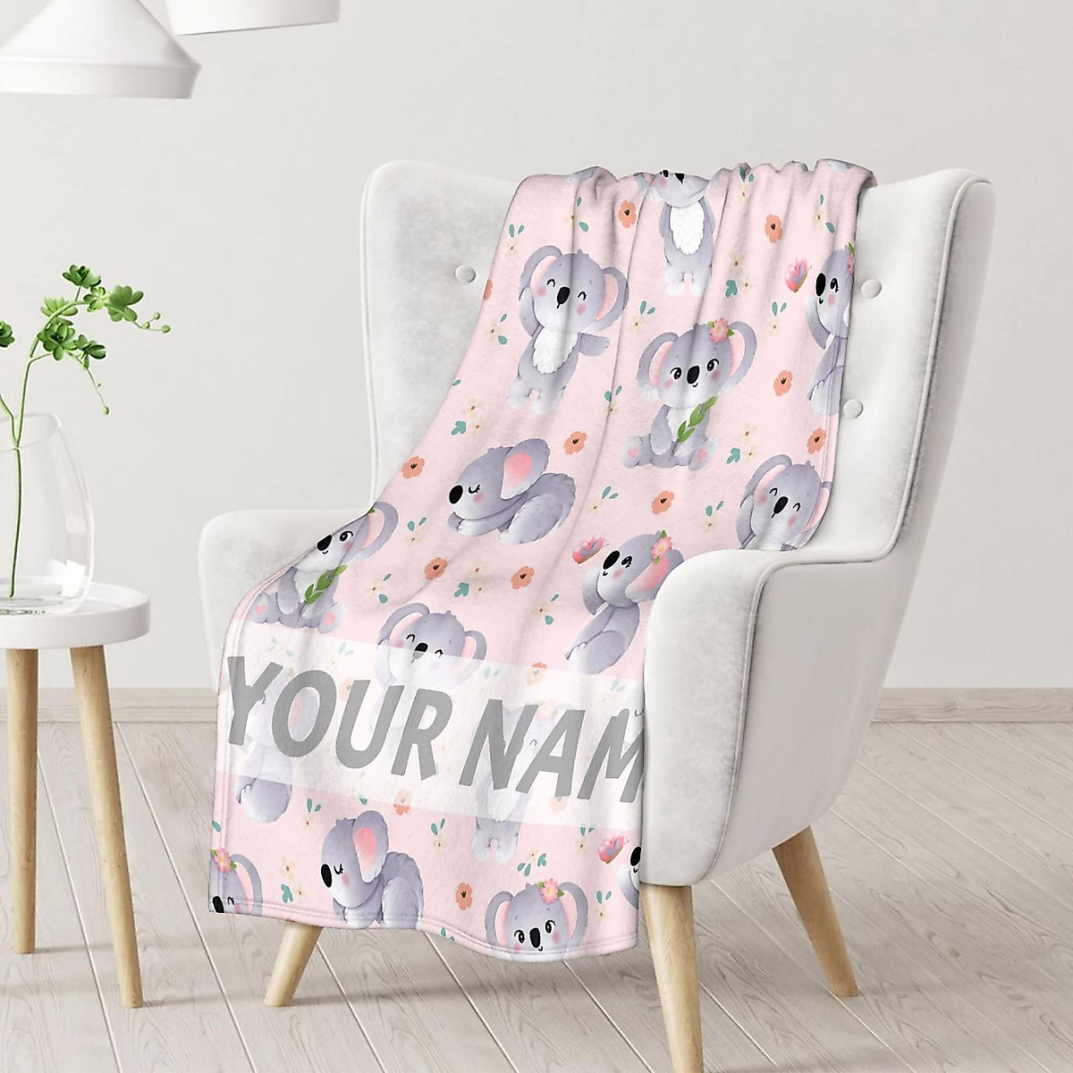Custom Koala Blanket Gifts with Name - 40x50 Inches Cute Throw Blanket for Women & Girls - Pink Soft Fuzzy Plush Blankets for Couch, Sofa