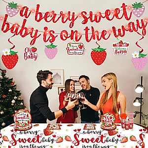 177 Pcs Strawberry Baby Shower Decorations, Berry Sweet Baby Shower Decorations A Berry Sweet Baby is on the Way Banner Tableware Hanging Swirls, Berry Sweet Baby Shower Strawberry Baby Shower Girl