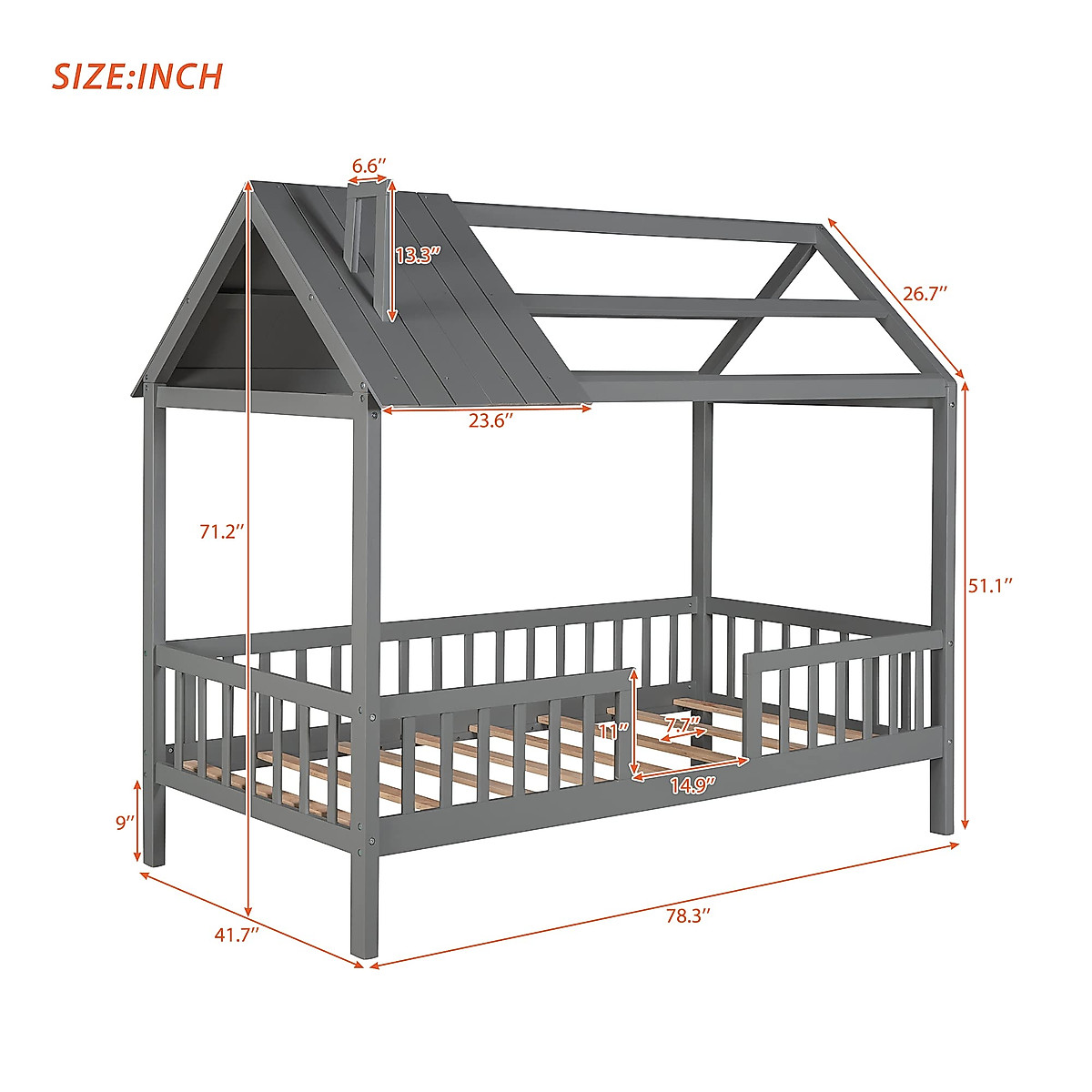Bellemave Twin House Bed Kids Montessori Beds Playhouse Bed Tent Bed, Solid Wood Platform Bed Frame with Fence and Roof for Kids Teens Girls Boys (Gray), Gray (Roof)