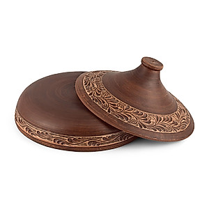 Handmade Red Clay Stoneware Tajine. Engobe Décor, Tajine with Ceramic Cone-Shaped Closed Lid, Tagines Pots With Pre Seasoned Cast Iron Diffuser, Caribbean One-Pot Tajine Cooking, Cookware Gift (Red 2.1 Qt)