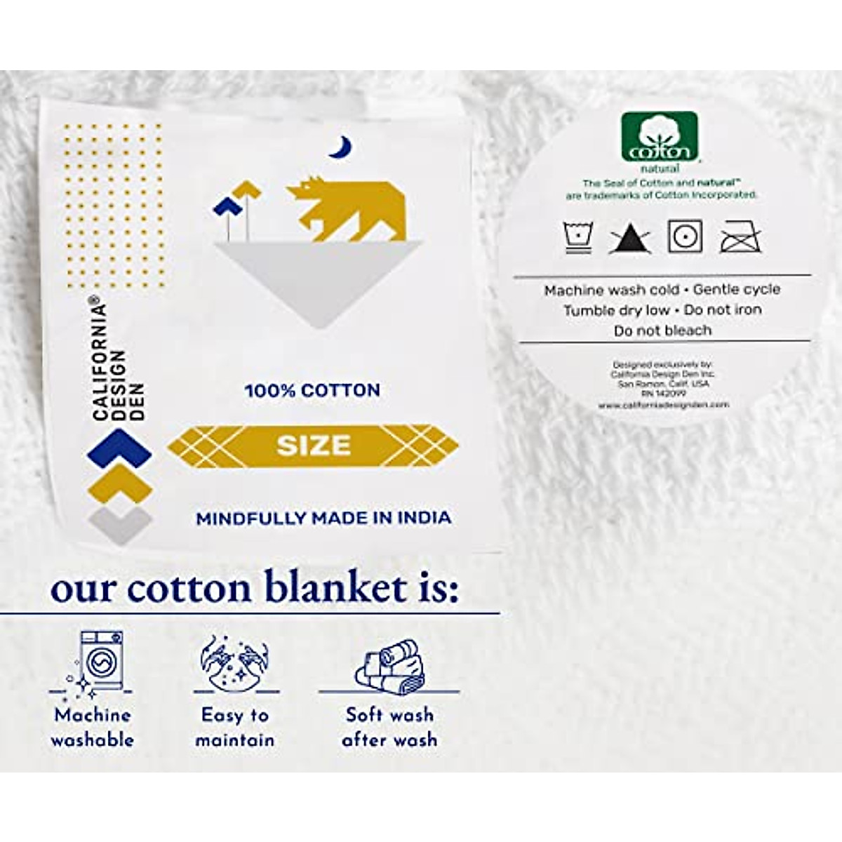 California Design Den 100% Cotton Blanket Queen Size/Full Size, Lightweight & Breathable Cotton Blanket, Herringbone Design, Soft Breathable Blanket for All Seasons (White)
