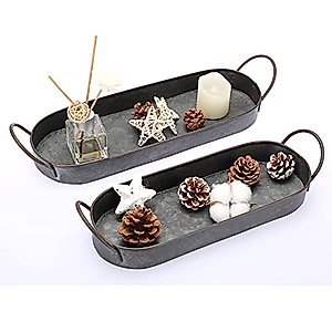 Hipiwe Set of 2 Galvanized Metal Iron Tray with Handles Oval Farmhouse Serving Tray Rustic Industrial Decorative Tray Centerpiece Tray for Coffee Table Weddings Home Decor
