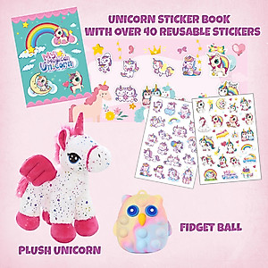 Unicorn Surprise Box Toy Set, Unicorn Stuffed Animal, Sticker Book with Reusable Stickers, Bonus Gifts, Plush & Toy Set for Girls Birthdays Parties Christmas Easter