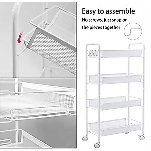 Rolling Storage Cart 4-Tier Metal Mesh Basket Shelves Kitchen Organizer with Wheels(White)