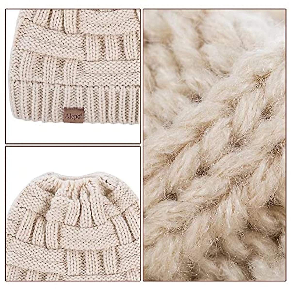 Alepo Womens High Messy Bun Beanie Hat with Ponytail Hole, Winter Warm Trendy Knit Ski Skull Cap (Black)