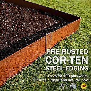 Worth Garden 6 Pack Cor-Ten Steel Landscape Edging w/Rust Patina Finish - 40" L x 8" H Strips - Hammer-in 14-Gauge Metal Corten Edging Border w/ 7 Clips & Gloves - Edge for Lawn Yard (20Ft Total)