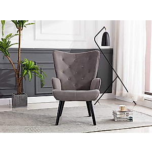 Dolonm Velvet Accent Chair Modern Tufted Button Wingback Vanity Chair with Arms Upholstered Tall Back Desk Chair with Solid Wood Legs for Living Room Bedroom Waiting Room(Silver Grey)