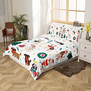 Erosebridal Merry Christmas Comforter Cover Twin Size Cartoon Dog Duvet Cover for Teens Kids Boys Room Decor Xmas Tree Snowman Bedding Set Cute Pug Puppy Animal Quilt Cover with 1 Pillow Case