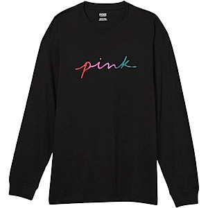 Victoria's Secret Pink Campus Long Sleeve Crew Neck Tee Glitter Shine Color Black New (as1, Alpha, m, Regular, Regular)