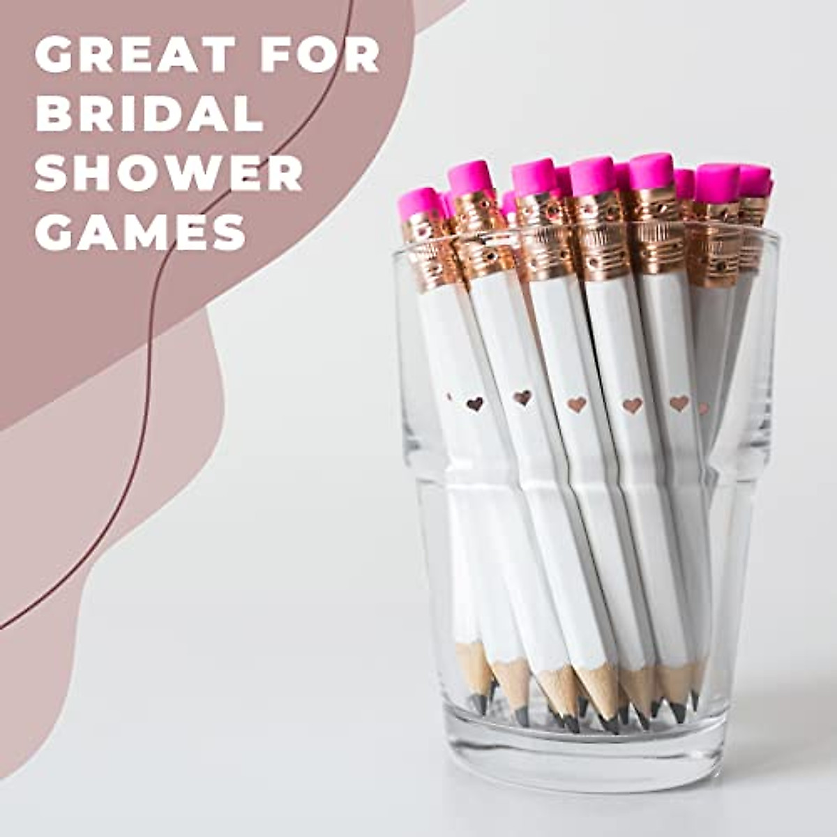 MARKT Mini Heart Pencils for Bridal Shower Games & Wedding Favors, Small White Pencils With Rose Gold Foil for Party Prizes or Gifts for Guests, Pre Sharpened Golf Pencils With Erasers (30 Pack)
