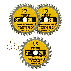 FOXBC 3 Inch Carbide Circular Saw Blade 24 Tooth, 36 Tooth for Wood, Plastic, PCV, Acrylic, Aluminum with 7/16" Arbor, 3/8" Bushing - 3 Pack