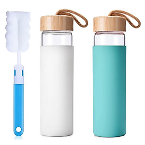 Yomious 20oz Borosilicate Glass Water Bottle with Bamboo Lid and Silicone Sleeve – Reusable BPA Free – Glass Drinking Bottle with Lids - Bundle of 2