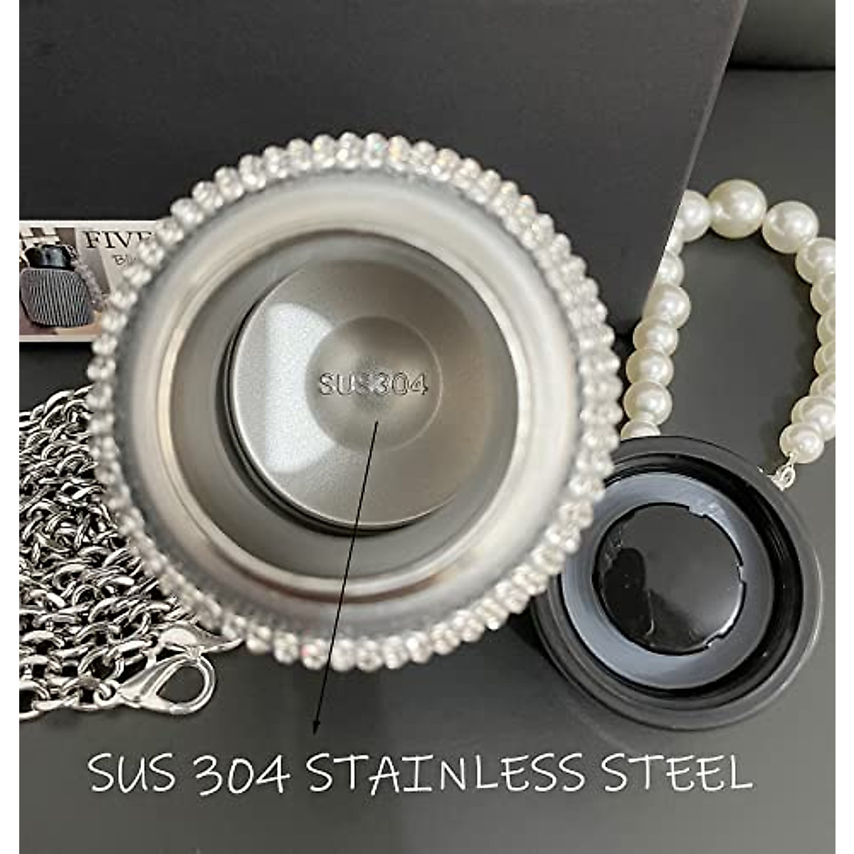 Bling Stainless Steel Diamond Water Bottle Crystal Rhinestone Cute Vaccume Insulated Thermal Flask with Chain and Pearl Bracelet (300ml/10.2oz)