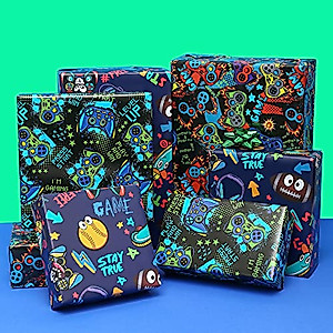 BOLIANNE Gaming Birthday Wrapping Paper for Boys Girls Kids with Cut Lines, 6 Large Sheets Video Game Gift Wrap for Game Lover, 27 x 37 Inches, High Gloss