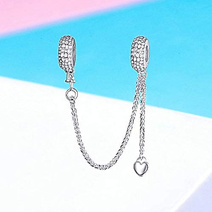 Heart Clasp Safety Chain Charm Authentic 925 Sterling Silver Clip Lock Stopper Charm Spacer Beads for Charms Bracelets (Heart Safety chain)