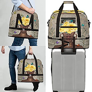 Travel Duffel Bag African Afro Woman Butterfly Sport Gym Bag for Woman Man,Waterproof Foldable Weekend Overnight Bag for Yoga Workout Training with Shoe Compartment