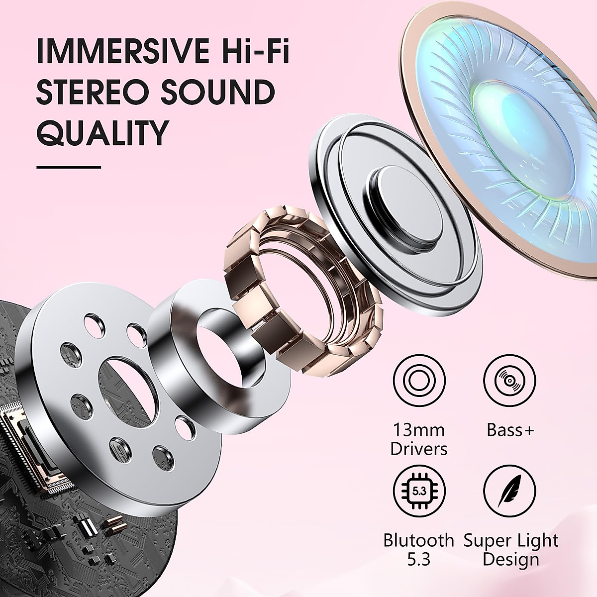 Wireless Earbuds Bluetooth 5.3 Headphones 40 Hrs Playtime with LED Display, Deep Bass Stereo and Noise Cancelling Bluetooth Ear Buds IP7 Waterproof Wireless Earphones for iPhone Android, Rose Gold