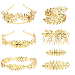 Wecoe 7pcs/Set Gold Leaf Headbands Hair Clips Headpieces Arm Cuff For Women Girls Gold Leaf Tiara Crown Flower Girl Bridal Wedding Halo Headband Greek Goddess Toga Costume Hair Accessories For Women