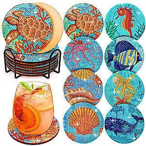 BABORUI Diamond Painting Coasters, 8Pcs 5D Ocean Diamond Art Kits for Adults Kids, Sea Diamond Painting Coasters with Holder for Beach House Decor