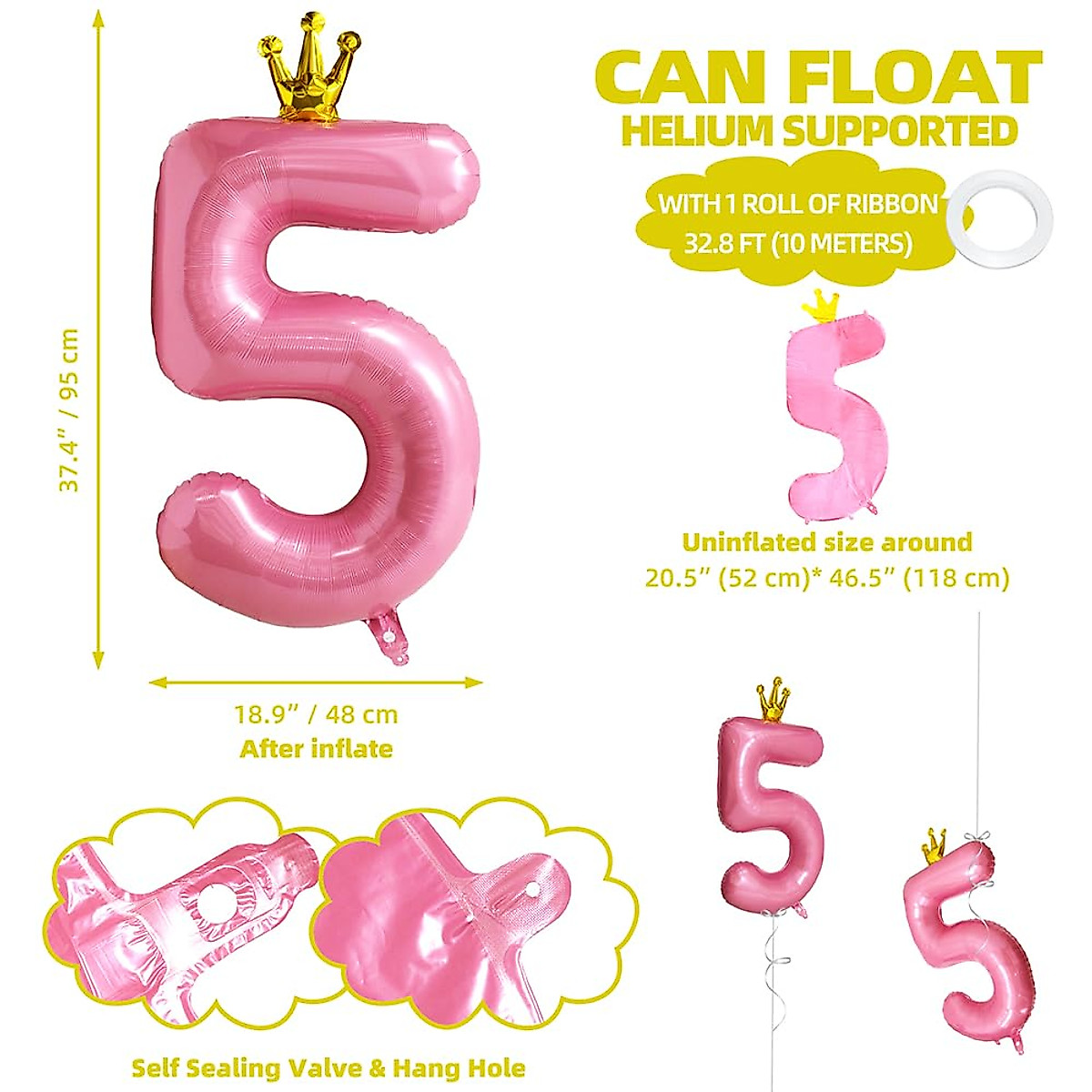 Digit Five Balloon Pink Crown Balloon 5 Year Old Sign Decor, Number 5 Foil Balloon 5th Birthday Balloon Decorations 5 Number Balloons for Wedding Bridal Shower Engagement Photo Shoot Anniversary