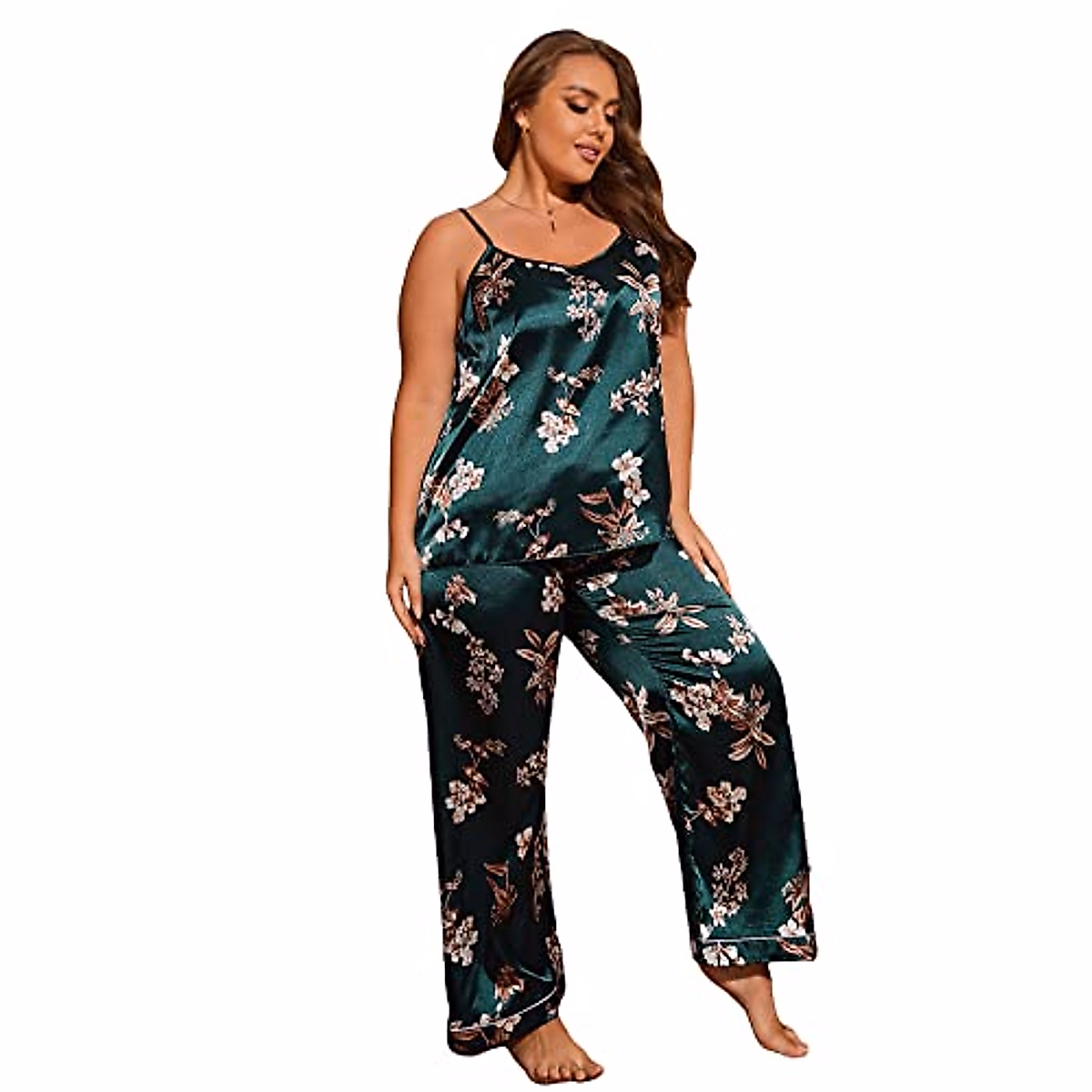 SOLY HUX Women's Plus Size Floral Print Satin Sleepwear Cami Top and Pants Lounge Pajama Set Dark Green 2XL