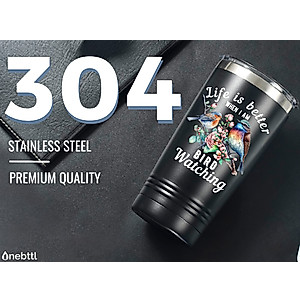 Onebttl Bird Watching Tumbler for Lovers & Watchers, 20oz Stainless Steel Insulated With Lid & Straw, Gift Card & Box Included, Best Birthday Gift - Black