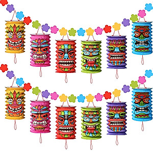 Tiki and Flowers Lanterns Banners Hawaiian Party Decorations Tiki Luau Party Decoration Tropical Decor Summer Garland Lanterns Aloha Hanging Decoration for Bars Festival Home Birthday Outdoor(2 Pcs)