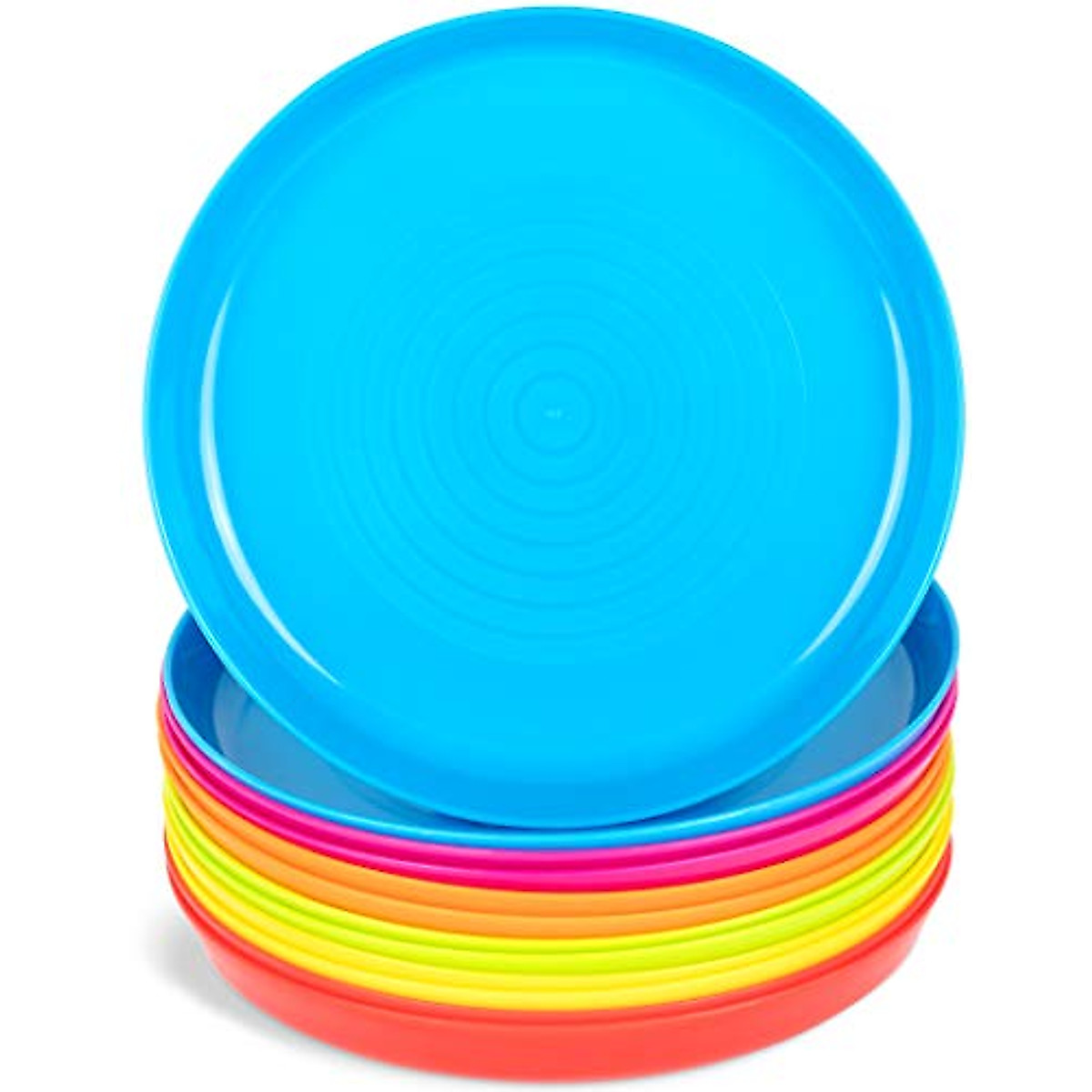 PLASKIDY Kids Plates Set of 12 Toddler Plastic Plates - BPA FREE Microwave and Dishwasher Safe Reusable Plastic Children's Plates Brightly Colored 7 Inch Dinner Plates