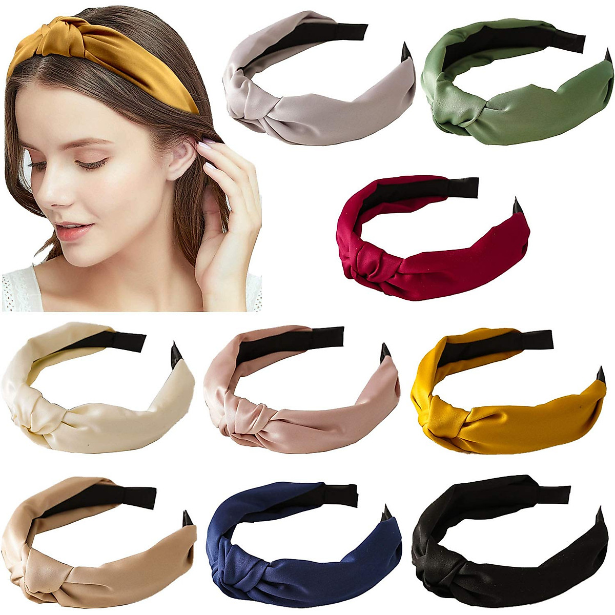 9 Pack Women Top Knotted Headband Silk Cross Twist Hairband Wide Stain Headband Girls Elastic Hair Band Headwear Accessories Gold Headband is a Classy Headbands for Lady