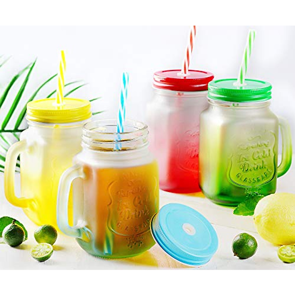 16 oz mason jars drinking glasses mugs with handles colorful straw and lids colored glass Old Fashioned Bottles Cup 4 pack for drinks coffee lemonade water