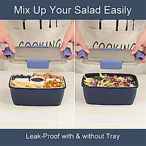Caperci Large Salad Container Bowl for Lunch - Better Adult Bento Lunch Box 68 oz, 5-Compartment Tray, 2pcs 3-oz Sauce Cups, Stackable, BPA-Free (Navy)