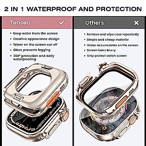 (2 in 1) Tensea for Waterproof Apple Watch Screen Protector Case Series 9 8 7 45mm【Apple Watch Ultra Style Case】, iWatch Protective Face Cover Look Like Ultra with Tempered Glass Film for Women Men