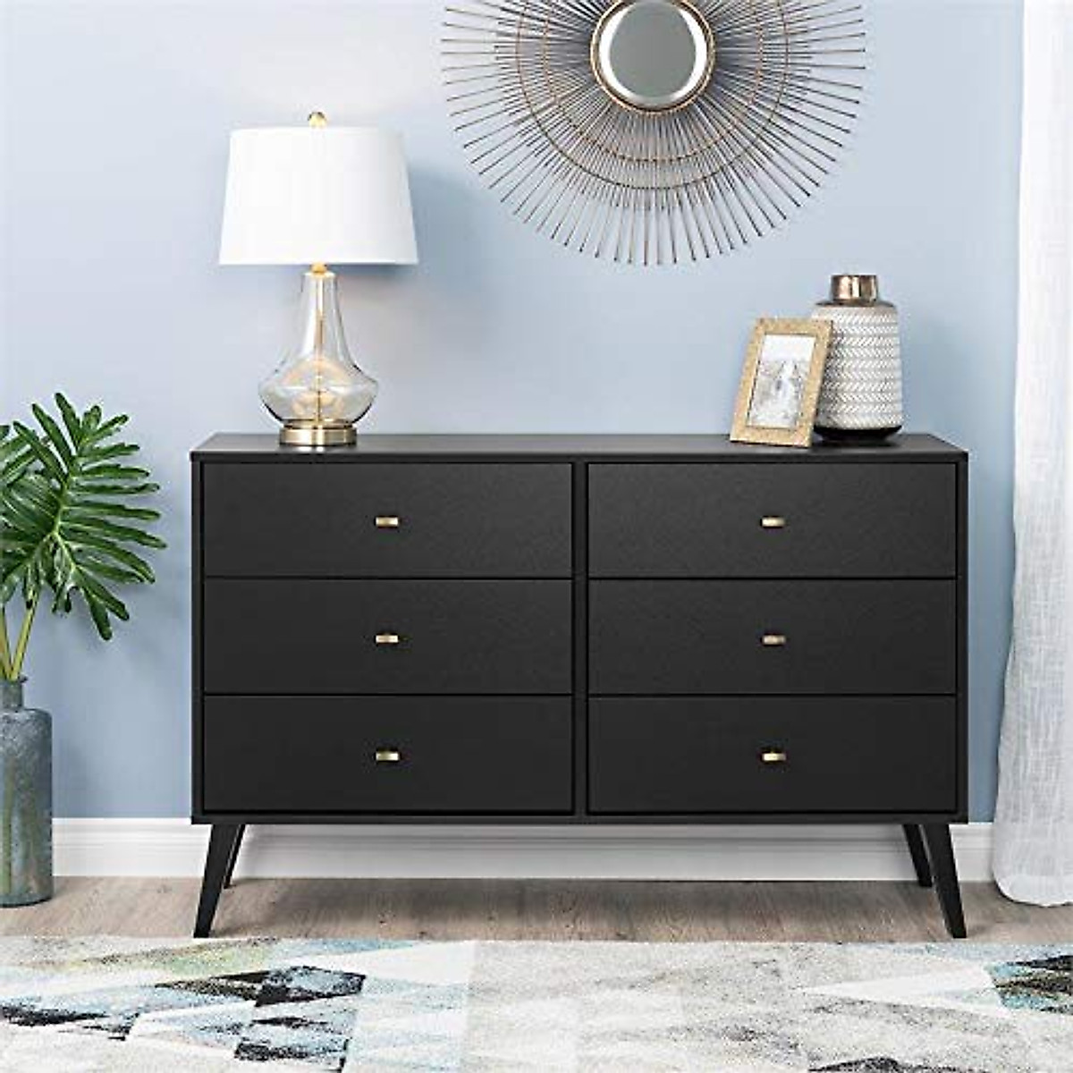 Prepac Milo Mid-Century 6 Drawer Dresser For Bedroom, 16" D x 52.50" W x 33" H, Black