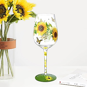 NymphFable Hand-painted Wine Glass Sun Flower Butterfly Artisan Painted 15oz Personalised SunFlower Gifts for Women