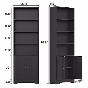 Gizoon Bookcase, Bookshelves and Bookcases, 71” 6-Shelf Bookcase with Doors, Floor Standing Display Storage Shelves, with Adjustable Shelves, for Home, Office, Living Room, Bedroom, Black