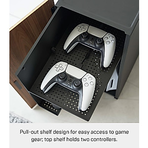 Yamazaki Home Tower Large Capacity Game Console Rack – Organize Controllers, Pull-Out Shelf, Cable Management - Steel