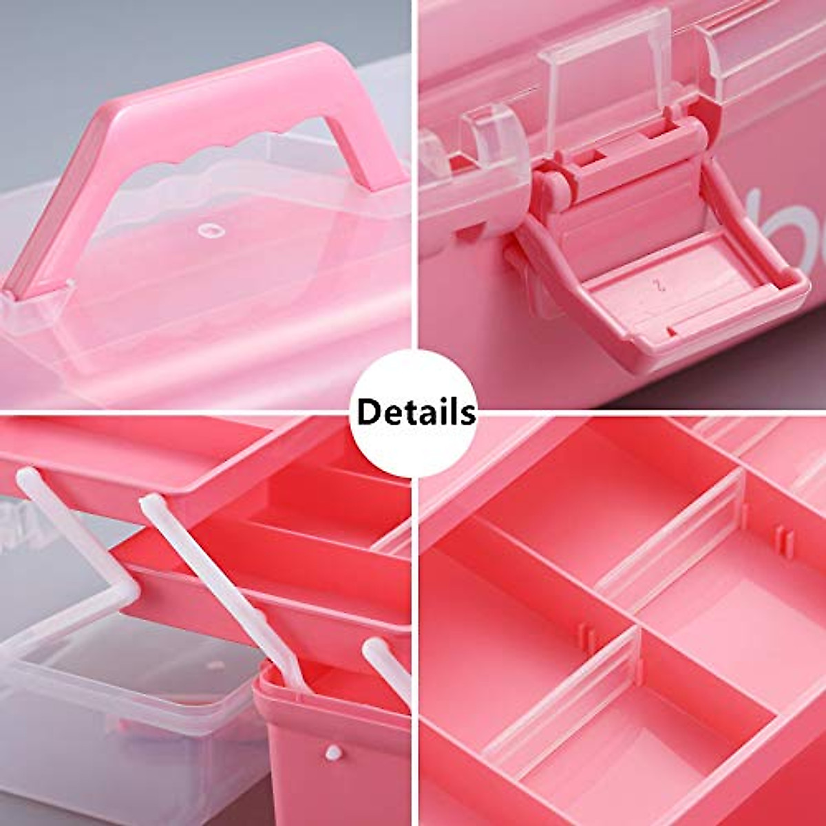 Kinsorcai 12'' Three-Layer Clear Plastic Storage Box/Tool Box, Multipurpose Organizer and Portable Handled Storage Case for Art Craft and Cosmetic (Pink)