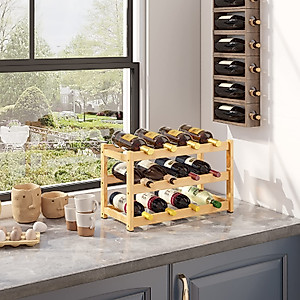 BAMEOS Bamboo Wine Rack, 3 Tier Natural Wine Rack Freestanding Floor Display Storage Shelf countertop Wine Holder for Kitchen, Bar, Pantry, Wine Cellar, Basement,Study，Maroon (16.85 L x 9.25W x 12H)