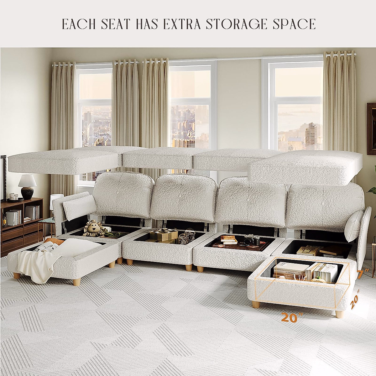 LLappuil Oversized Sectional Couch with Storage, Extra Large U Shaped Sofa Set with Reversible Chaise,113.5 Inch Width, 10 Seat Modular Sofa Sectional for Living Room, Off White, Teddy Velvet