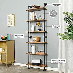ZIOTHUM 6-Tier Industrial Pipe Shelves Shelf Shelving Rustic Wood Metal Wrought Iron Ladder Bookcase Bookshelf Wall Mounted Mount DIY Loft Vintage Floating Hanging Storage Display (23.6x9.8x78.7”)
