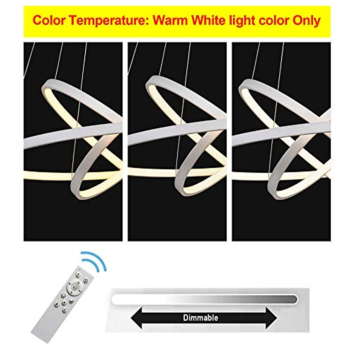 DERALAN Modern Chandelier Lighting Dimmable LED Ceiling Dining Room Chandeliers Contemporary Pendant Lights Fixtures Living Room Hanging 3 Ring Foyer Bedroom Warm White Light White Shade