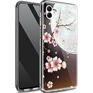 SROJDHFJB Phone Case for Samsung Galaxy A04 4G, Clear Cover for Galaxy A04 4G Dual Layer Soft Rubber Shockproof Bumper Anti-Scratch Hard PC Back, Girls Shell with Moon Sakura Dsigned