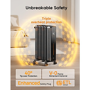Dreo Radiator Heater, 1500W Portable Space Oil Filled with Remote Control, 4 Modes, Overheat & Tip-Over Protection, 24h Timer, Quiet, Large Space, Anti-scald Handle, Large Carpet Caster, Indoor